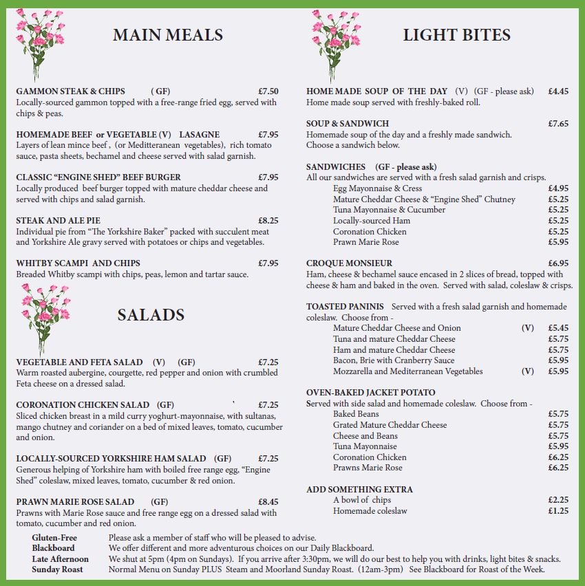 Our Menu - The Engine Shed - Steam & Moorland Garden Centre